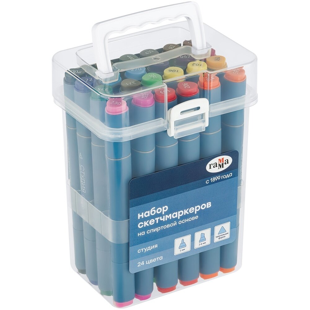 Набор маркеров для скетчинга Гамма двусторонние, "Студия", 24 цвета, основные цвета, корпус трехгранный, наконечники, пластиковый кейс (1204P_24)