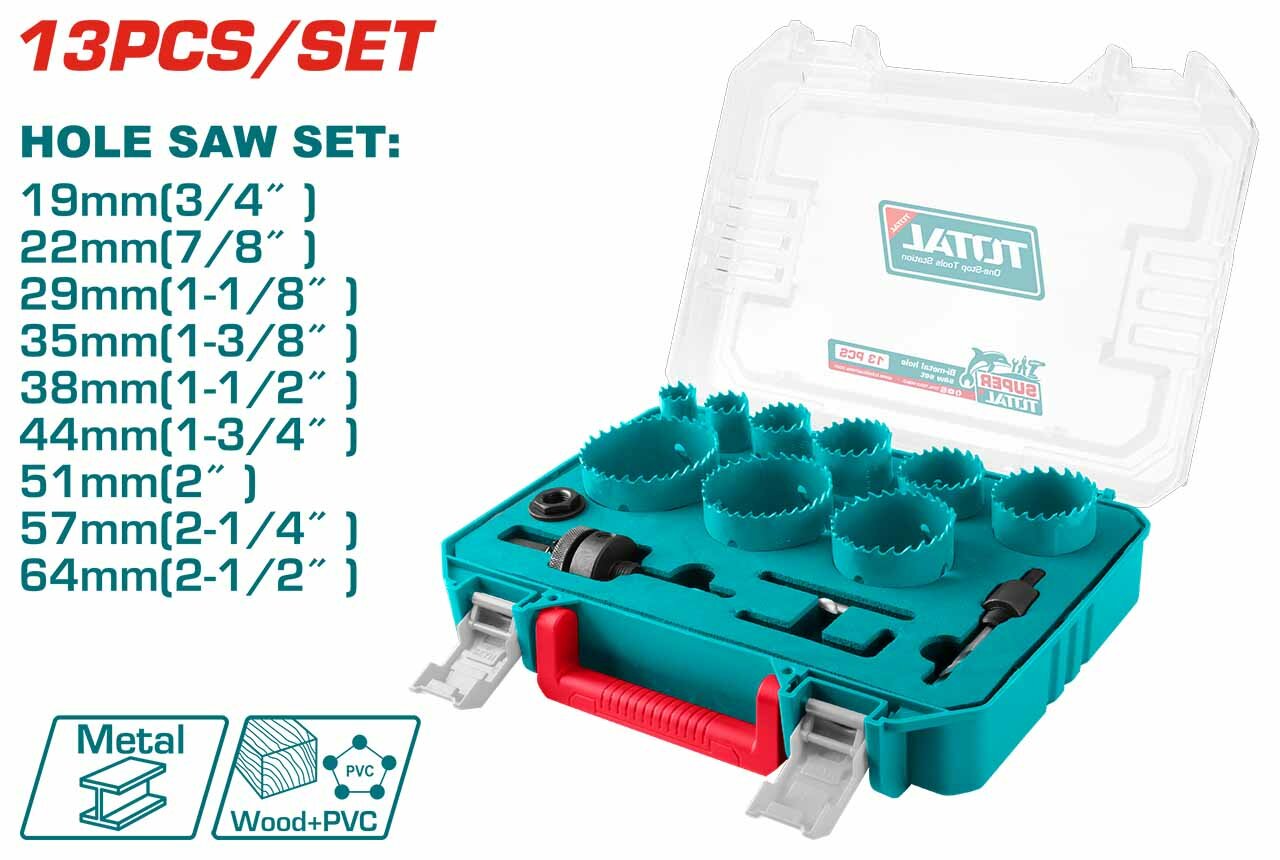 Набор коронок TOTAL TACSH0132, для металла и дерева, биметаллические, в кейсе