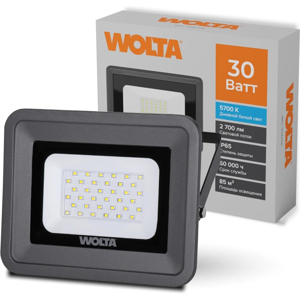 Светодиодный прожектор Wolta 30Вт, 5700K, холодный свет, IP65, цвет серый WFL-30W/06, ударопрочный