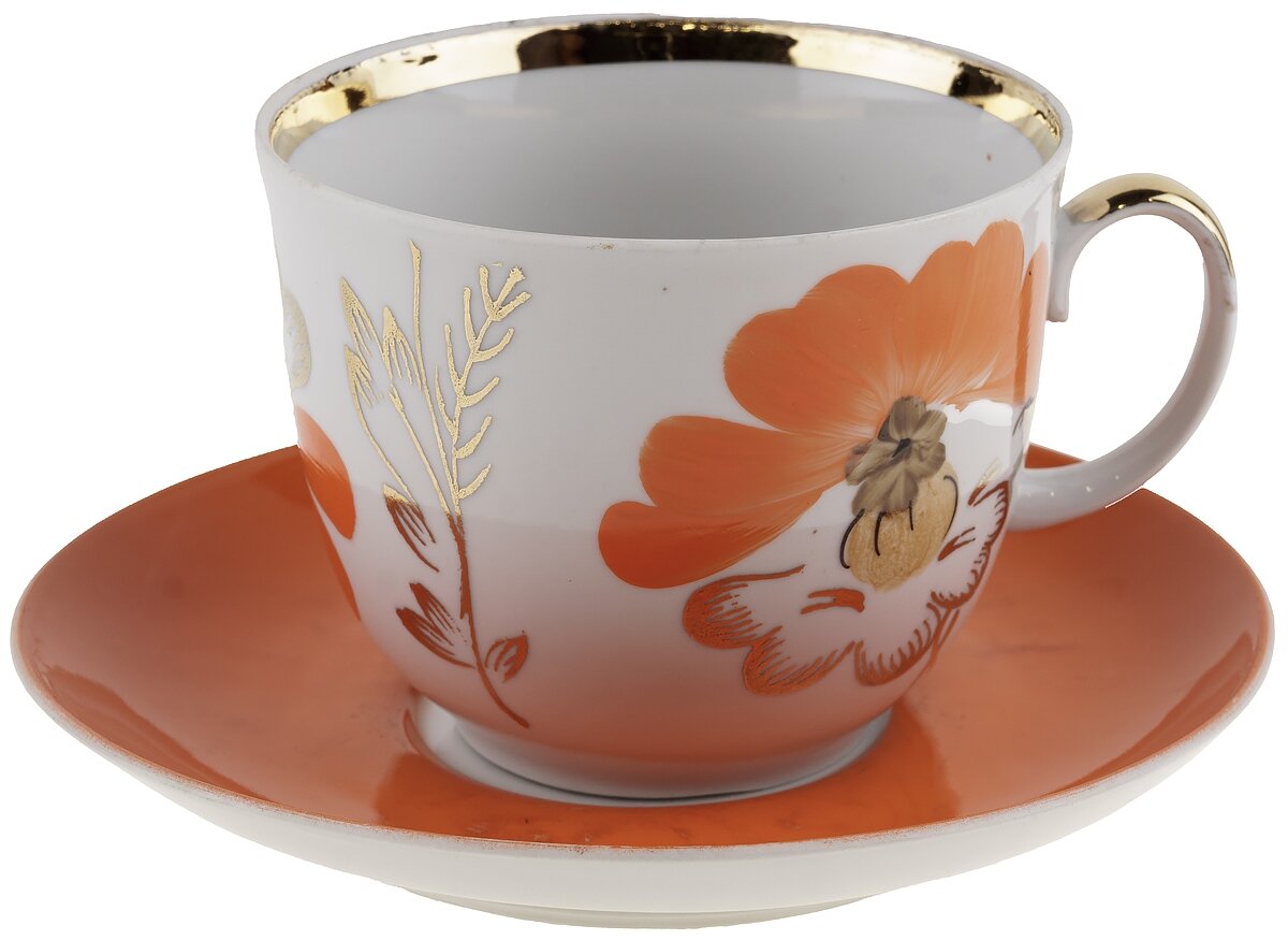Чайная пара "Маки", фарфор, винтаж, Барановский завод (Барановка), СССР, 1970-е гг (с нюансом)