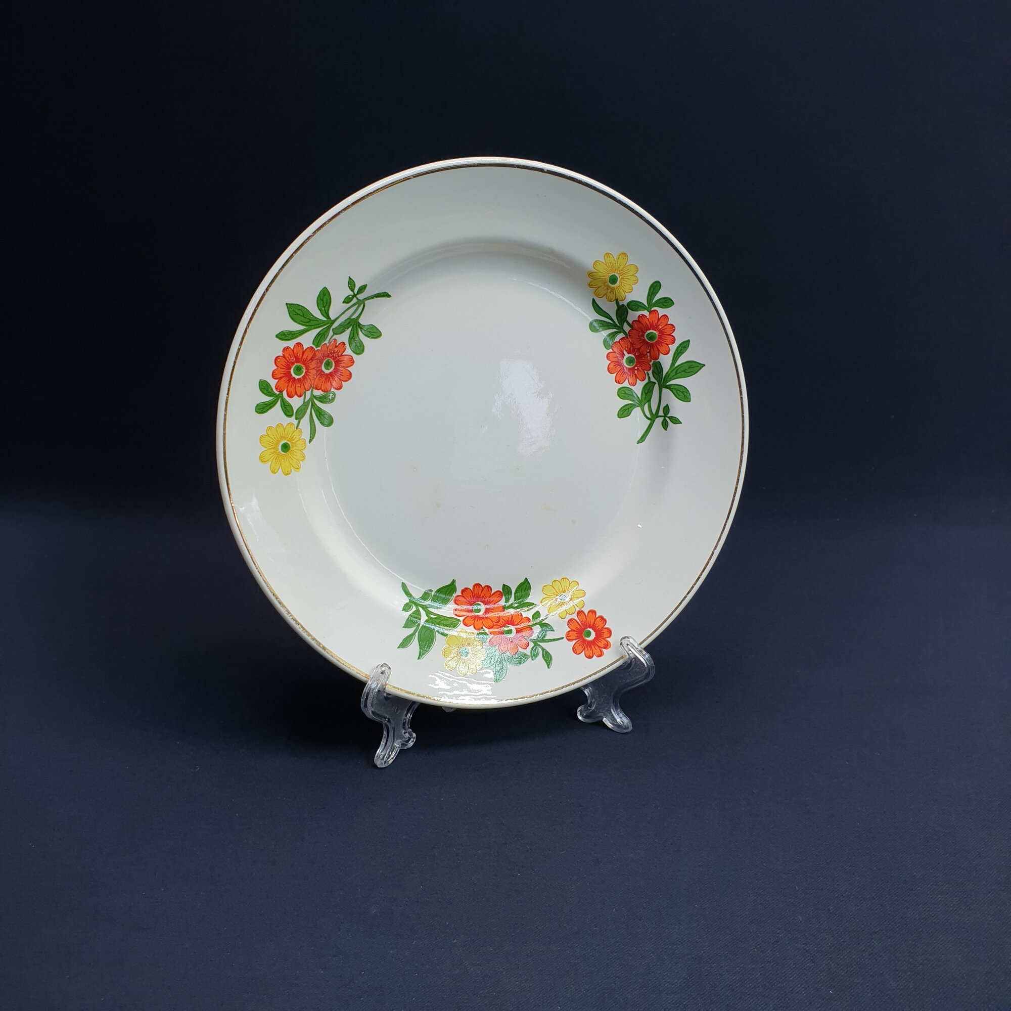 Десертная тарелка Конаково, фаянс деколь позолота 195 мм, винтаж СССР