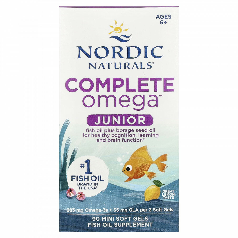 Nordic Naturals, Complete Omega™ Junior, для детей от 6 лет, со вкусом лимона, 90 миникапсул