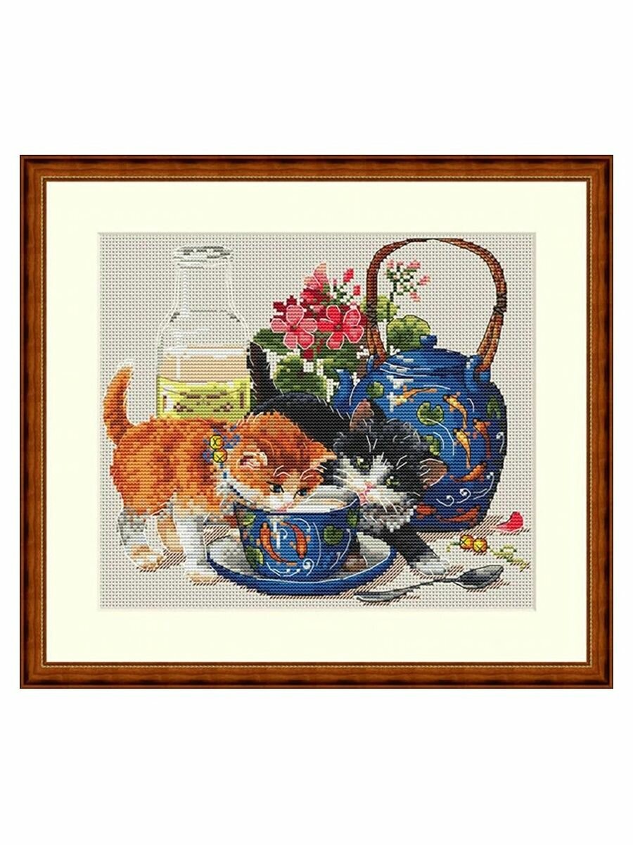 Набор для вышивки Amishop "Merejka K-66 Kittens & Milk", 16CT Aida, 128 x 110 стежков, 18 x 21 см, 33 цветов