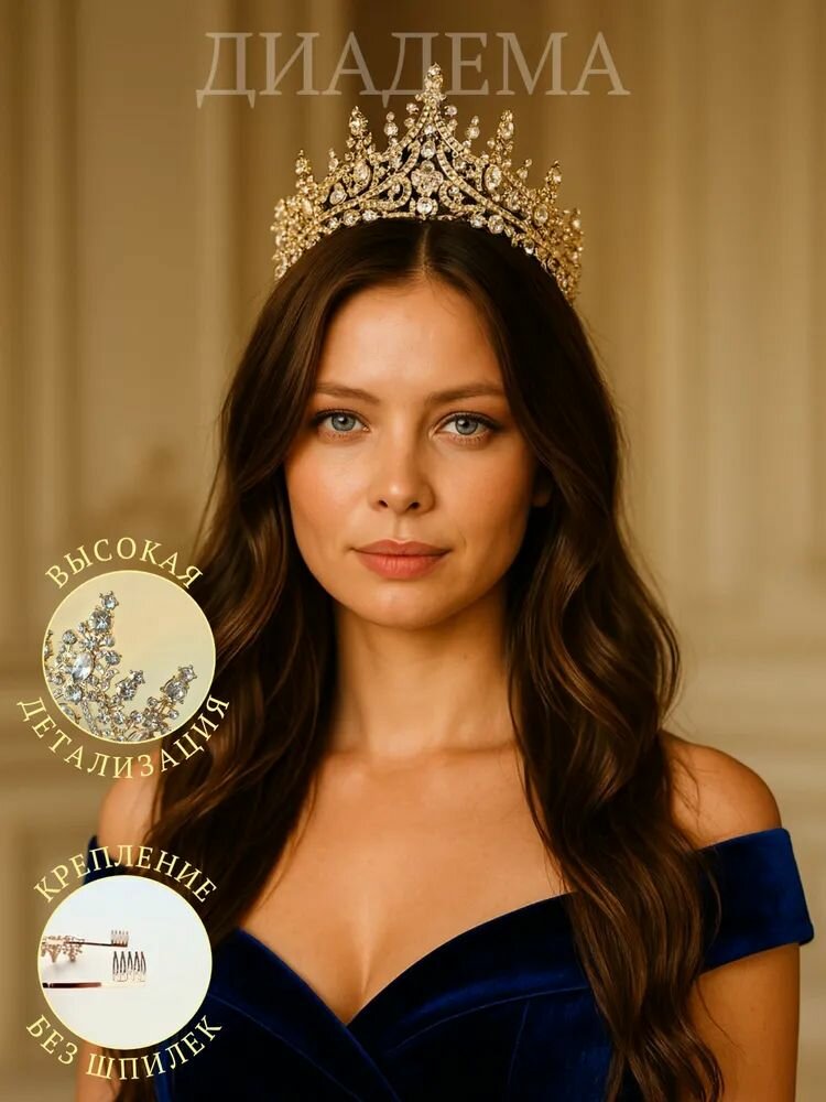 Диадема-корона женская и детская золотая с камнями — для свадьбы, фотосессии, выпускного, сцен и торжеств, образов