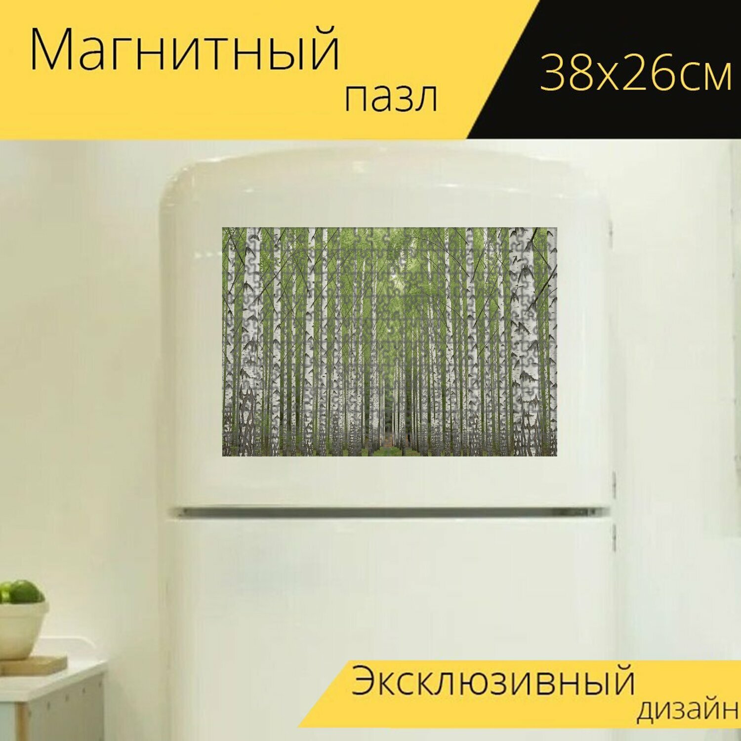 Магнитный пазл "Берёзовая аллея в зелёном лесу. Светлая лесная панорама с рядами высоких белоствольных деревьев, молодой зелёной листвой и травяной." для интерьера, 38х26 см.
