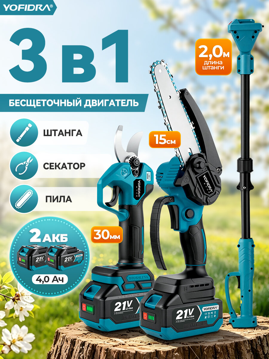 Секатор аккумуляторный садовый, пила аккумуляторная цепная+ телескопический шест, 2 АКБ сучкорез, кусторез в защитном кейсе