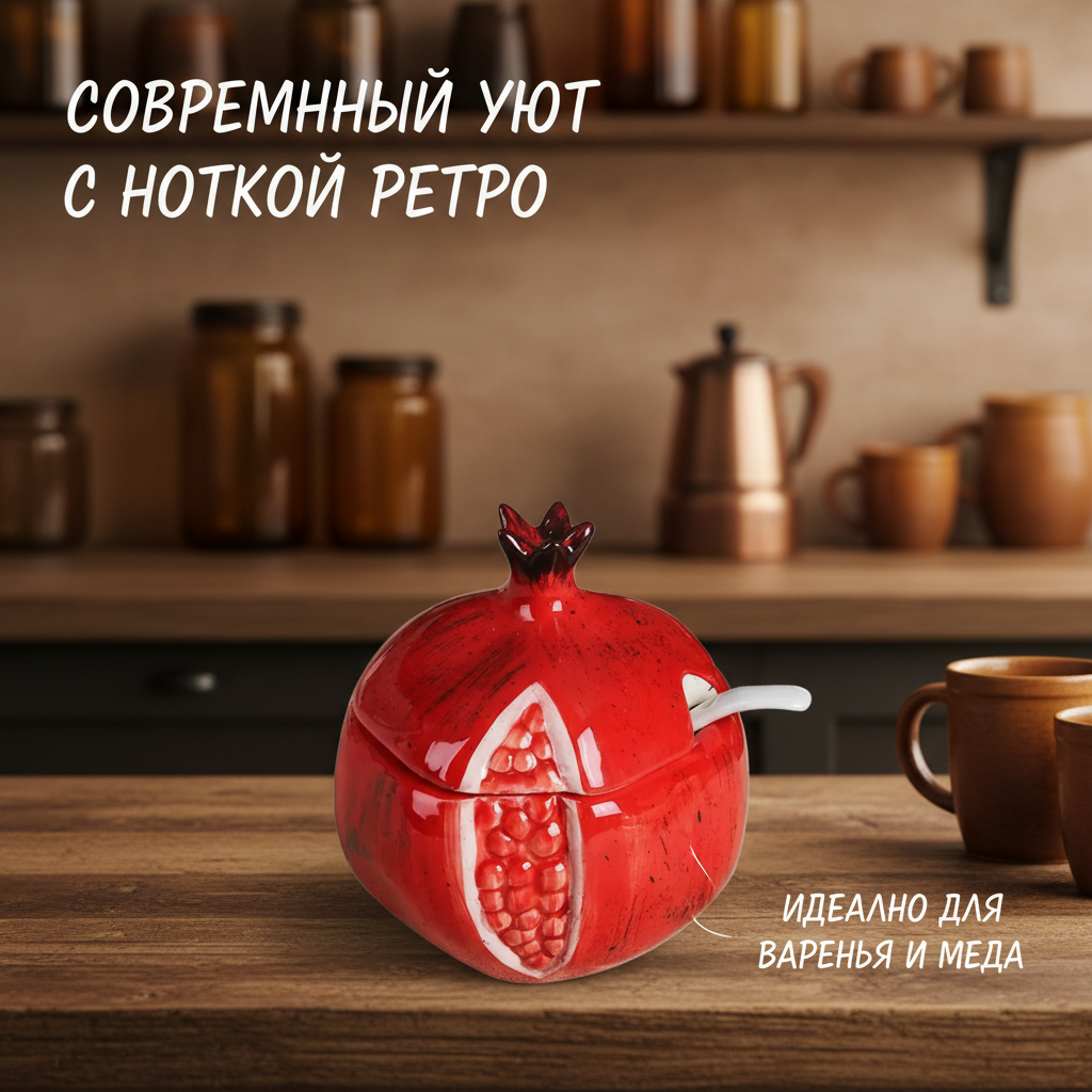 Сахарница керамическая в виде граната с ложкой, красная, диаметр 9 см, 1 шт