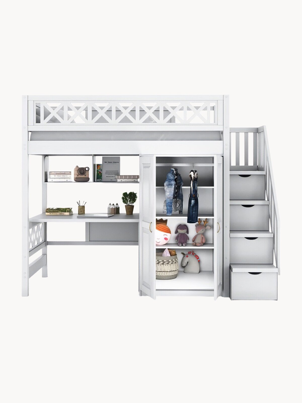 Кровать-чердак Прованс №3, спальное место 90х200, столешница, полка и шкаф, цвет Беленый дуб.