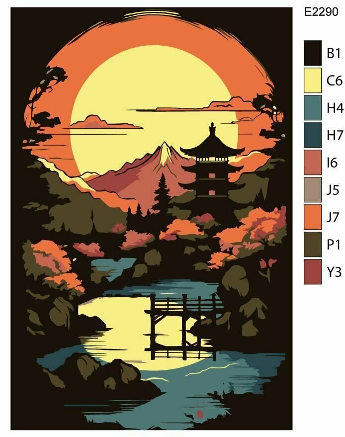 Детская картина по номерам E2290 "Япония. Красивый пейзаж с храмом и горой Фудзи" 20x30