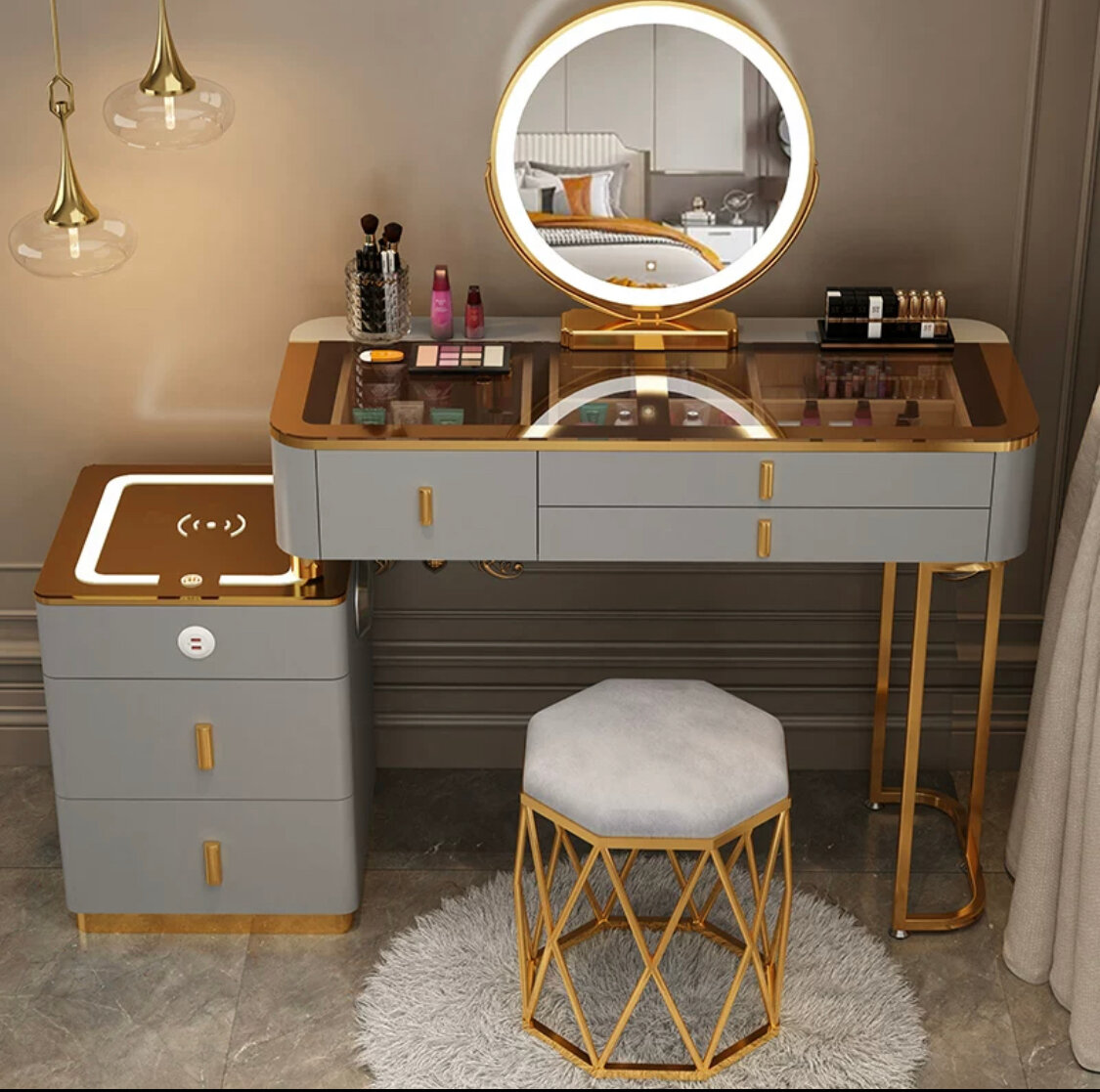 Туалетный столик MoonMalika (Стол 100см серое основание/ коричневое стекло / круглое зеркало/табурет)