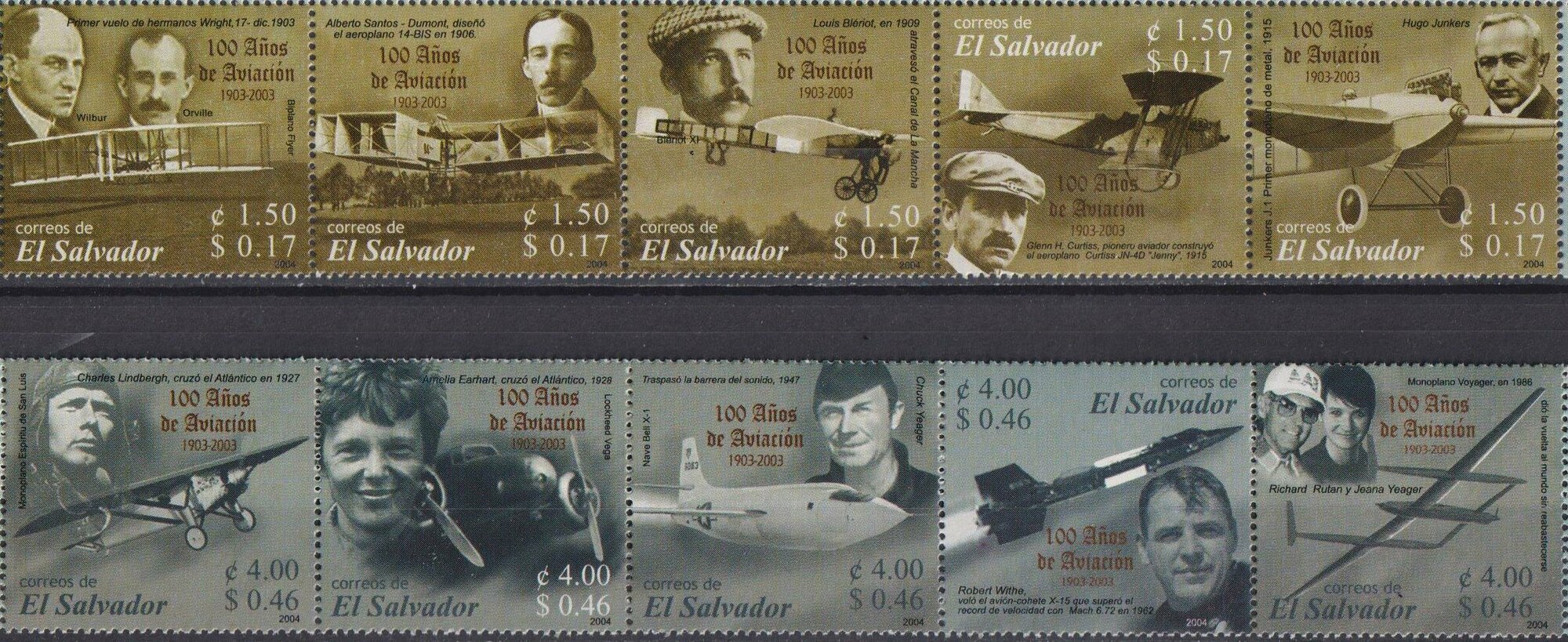 Почтовые марки Сальвадор 2004г. "100-летие механического полета - пионеры авиации" Самолеты, Летчики MNH