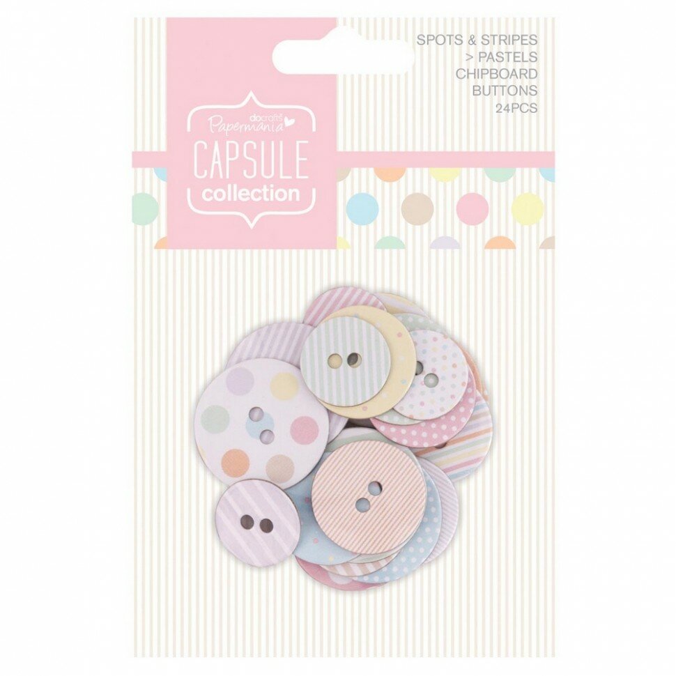 #PMA355002 Набор пуговиц картонных Spots & Stripes Pastels Docrafts 24 шт