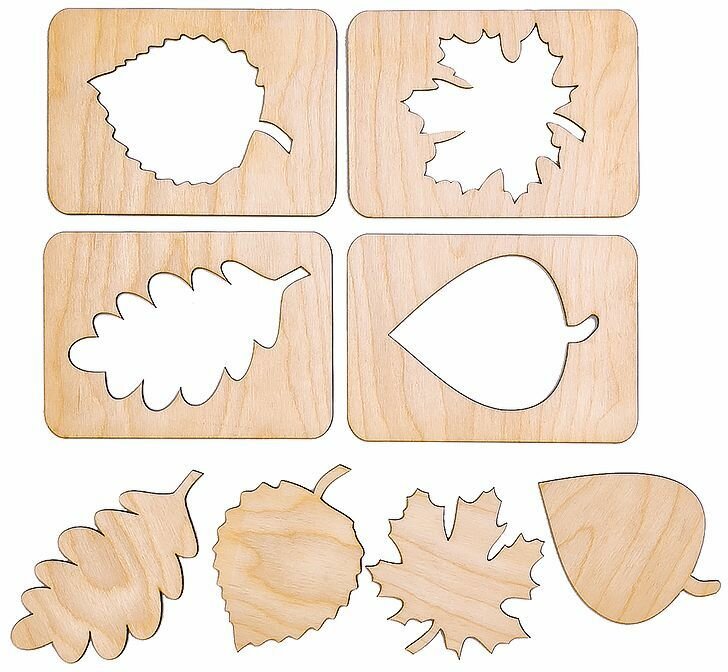 Деревянные трафареты Smile Decor "Листья деревьев", подготовка руки к письму, набор для рисования и творчества из 4 рамок и 4 вкладышей