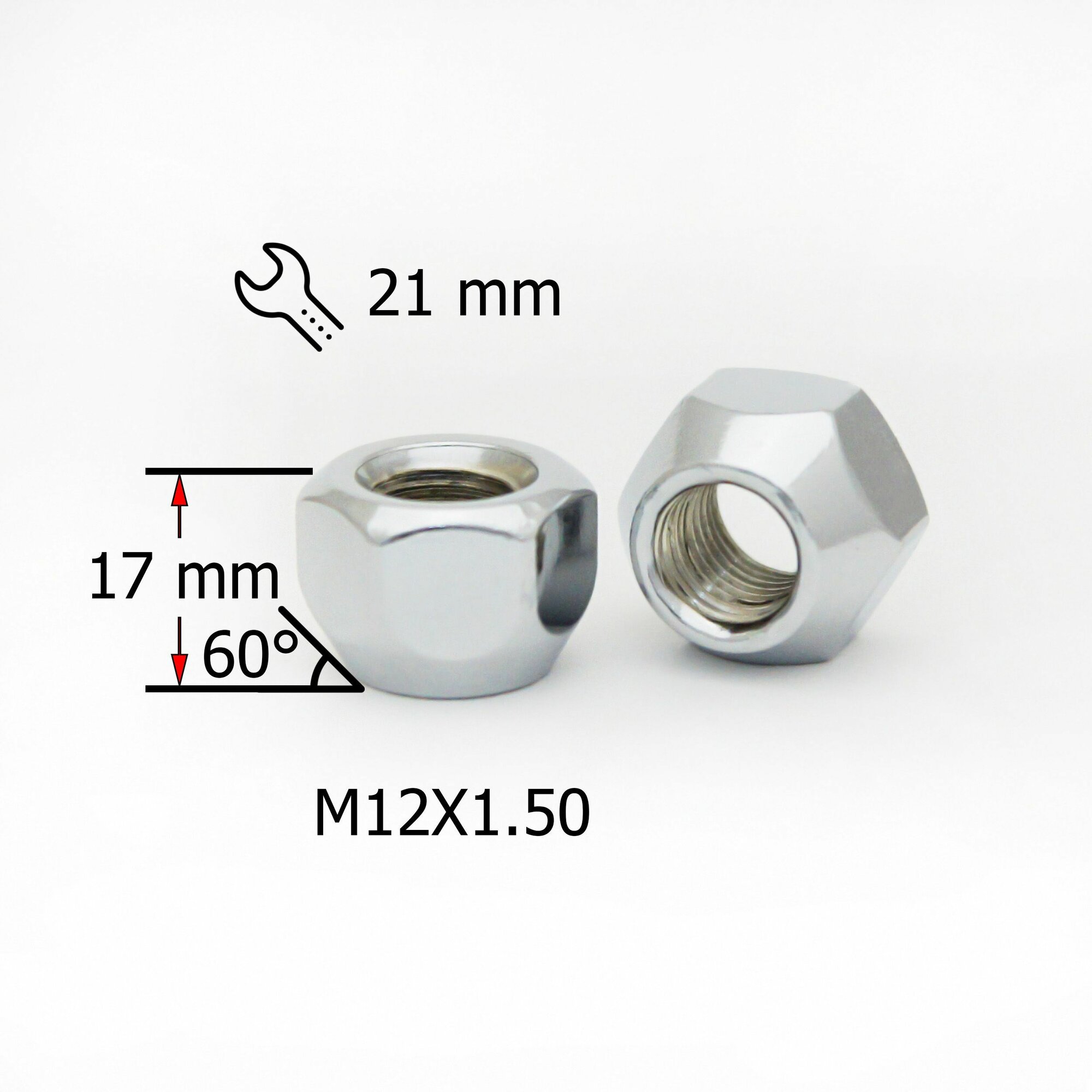 Гайка колесная M12х1,5 Конус, высота 17мм открытая, ключ 21мм, Хром