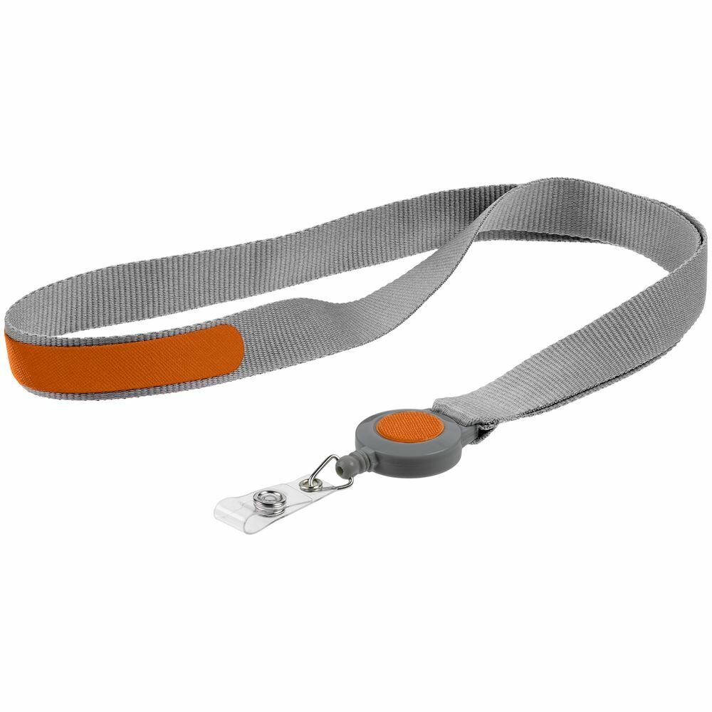 Лента для бейджа с ретрактором Devon, серая с оранжевым, ширина ленты 2 см, длина в развернутом виде 88 см
