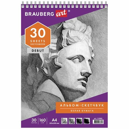 Скетчбук Brauberg , белая бумага 160 г/м2, 205х290 мм, 30 л, гребень, жёсткая подложка, ART "DEBUT", 110985