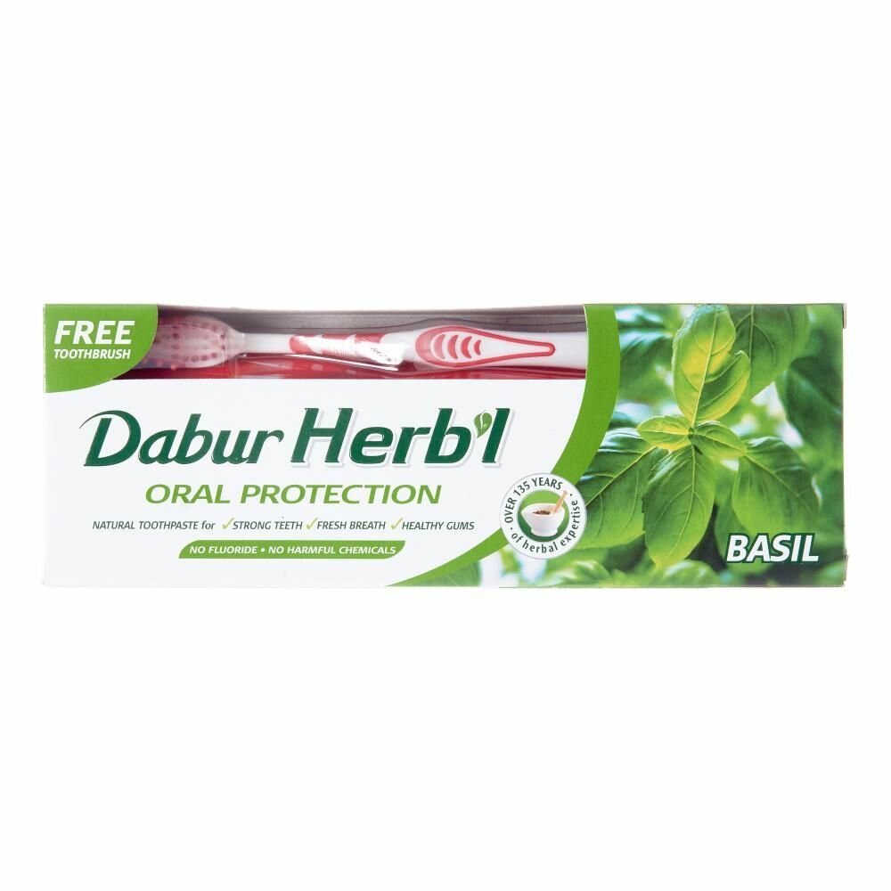 Dabur Зубная паста Herb'l Basil, с экстрактом базилика, с зубной щеткой, 150 г