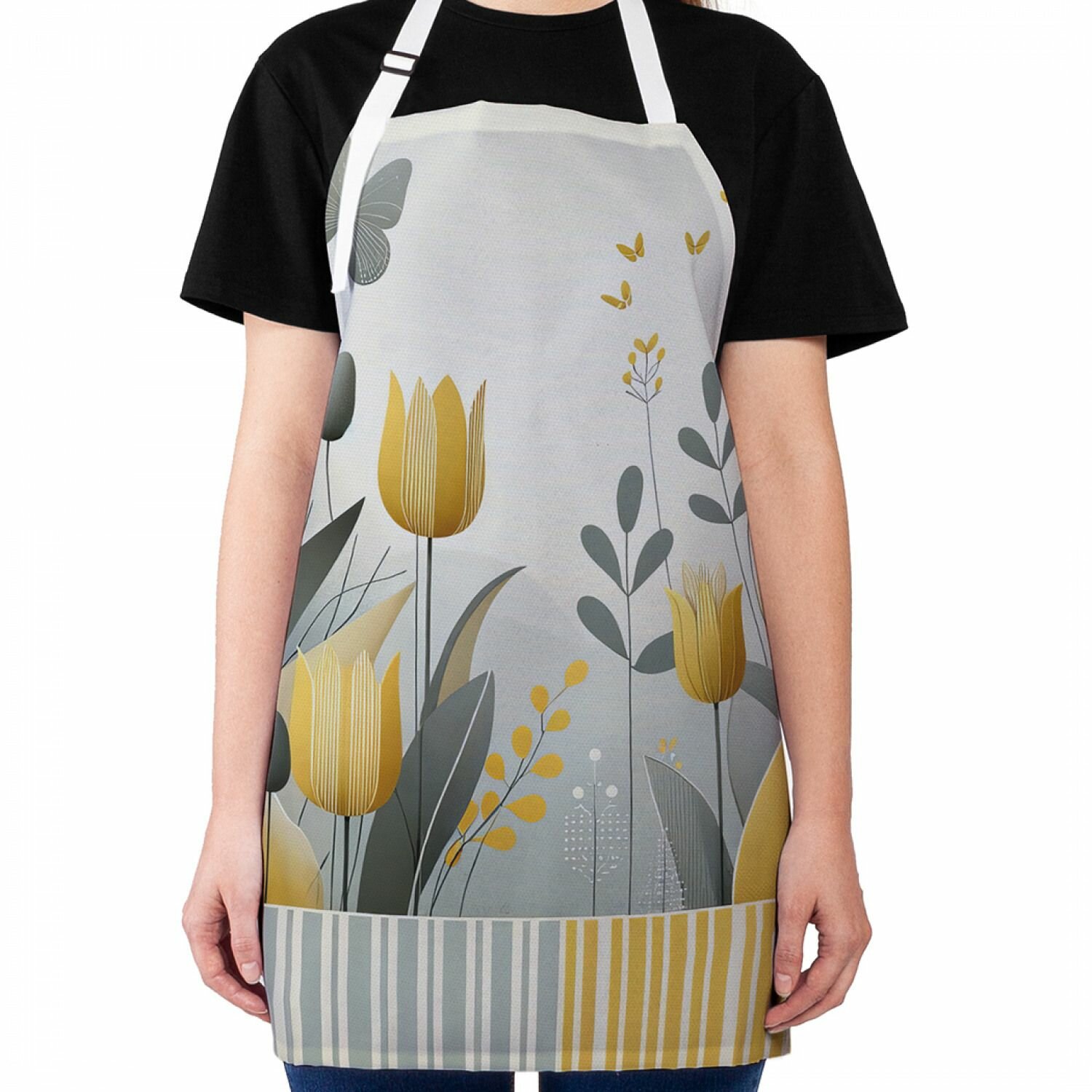 Фартук для кухни тканевый "Тюльпаны бабочки" / водоотталкивающий, универсальный размер , JoyArty