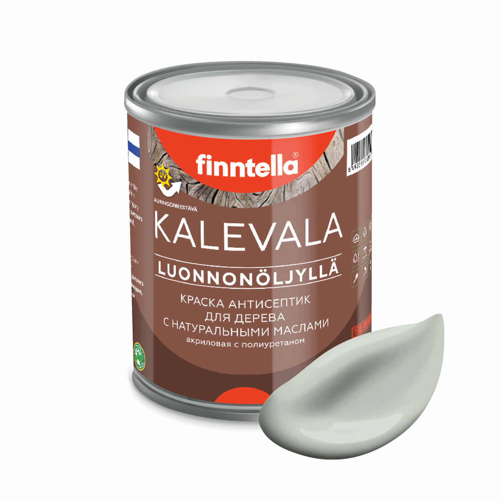 Краска для дерева и деревянных фасадов FINNTELLA KALEVALA, с натуральным маслом и полиуретаном, цвет KANARIAN (светло серо-зеленый) , 0,9л