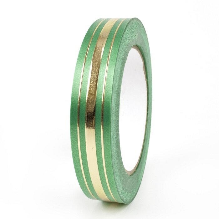 Лента лаковая с золотой полосой (рвущаяся) зелёная 2 см*50 м