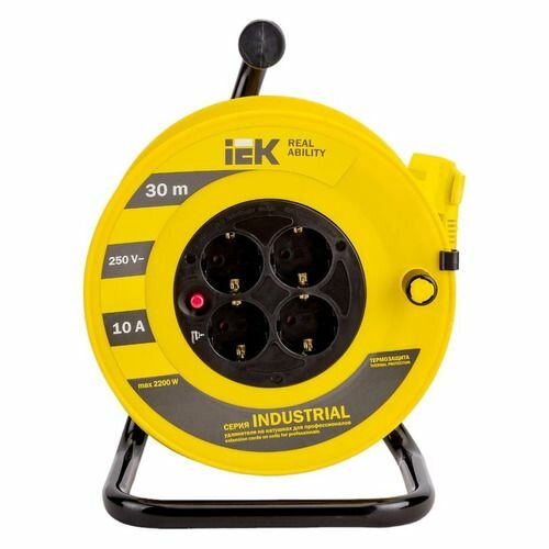 Удлинитель силовой IEK Industrial, розеток 4шт, 1 кв. мм, 10A, 30м, ПВС, катушка, желтый [wkp14-10-04-30]