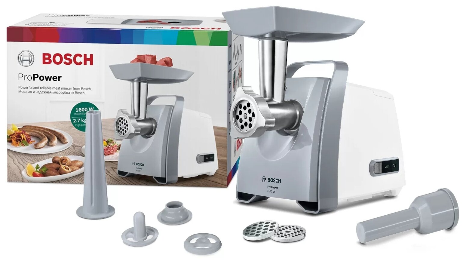 Мясорубка BOSCH MFW45020, мощность 1600Вт, производ.2,7 кг/мин, металл. шнек, реверс, пластик, белая