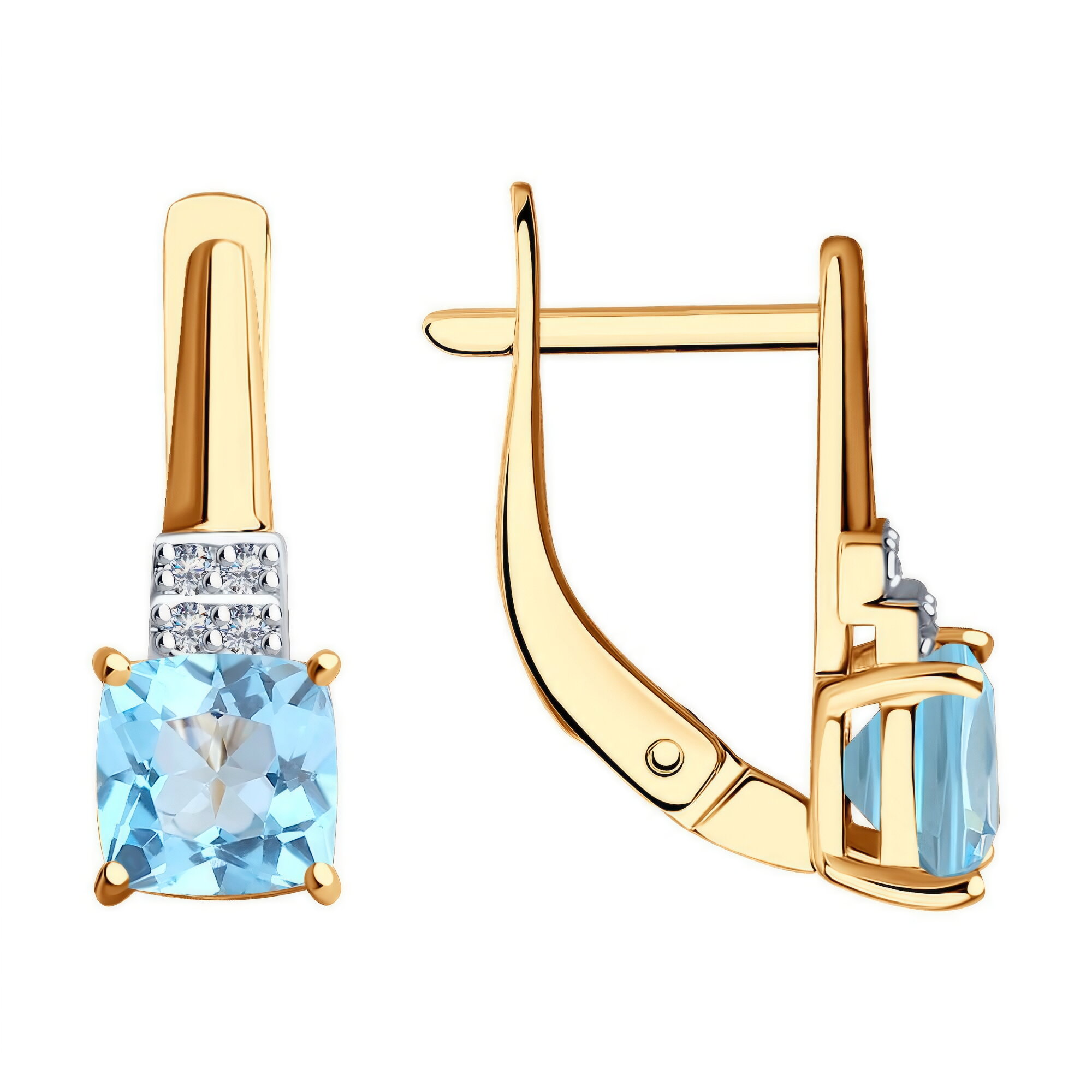 Серьги, красное золото, 585 проба, бриллиант, топаз