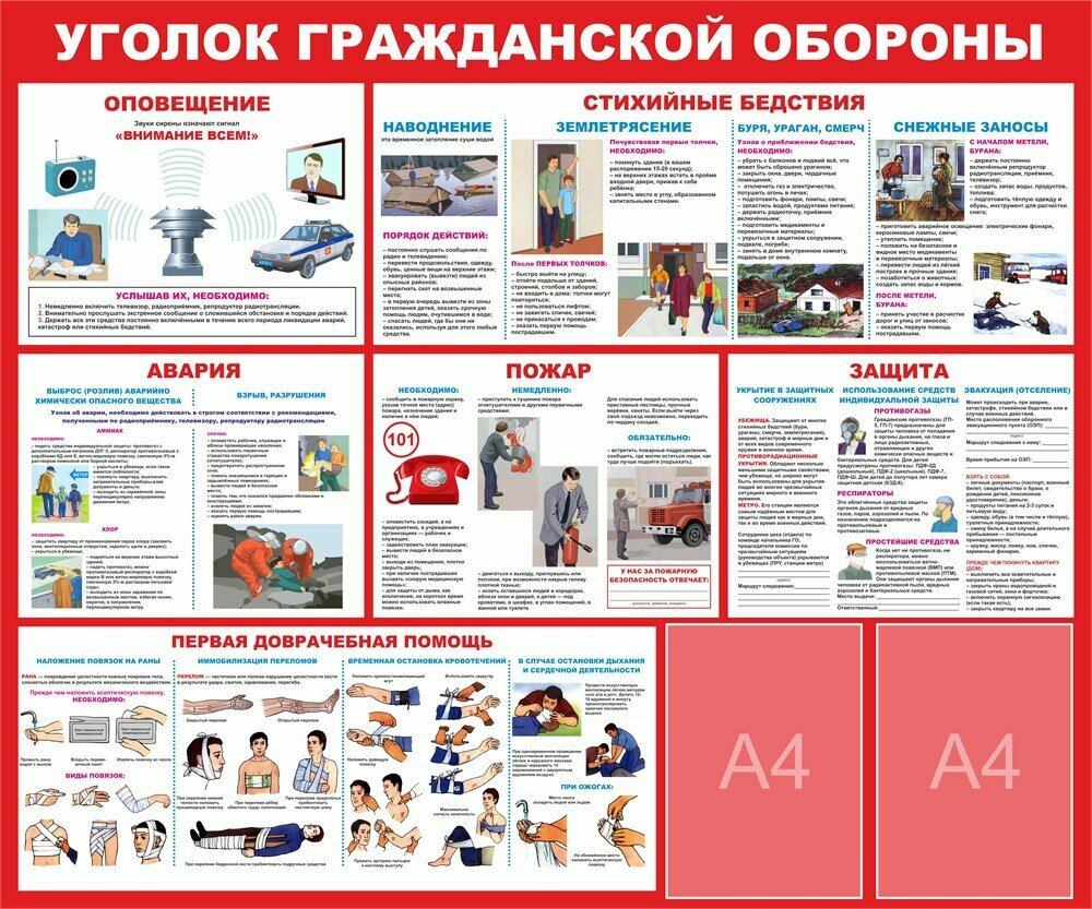 Стенд Уголок гражданской обороны размер 1200 х 1000 пластик 3 мм , карманы А4-2шт. Красный