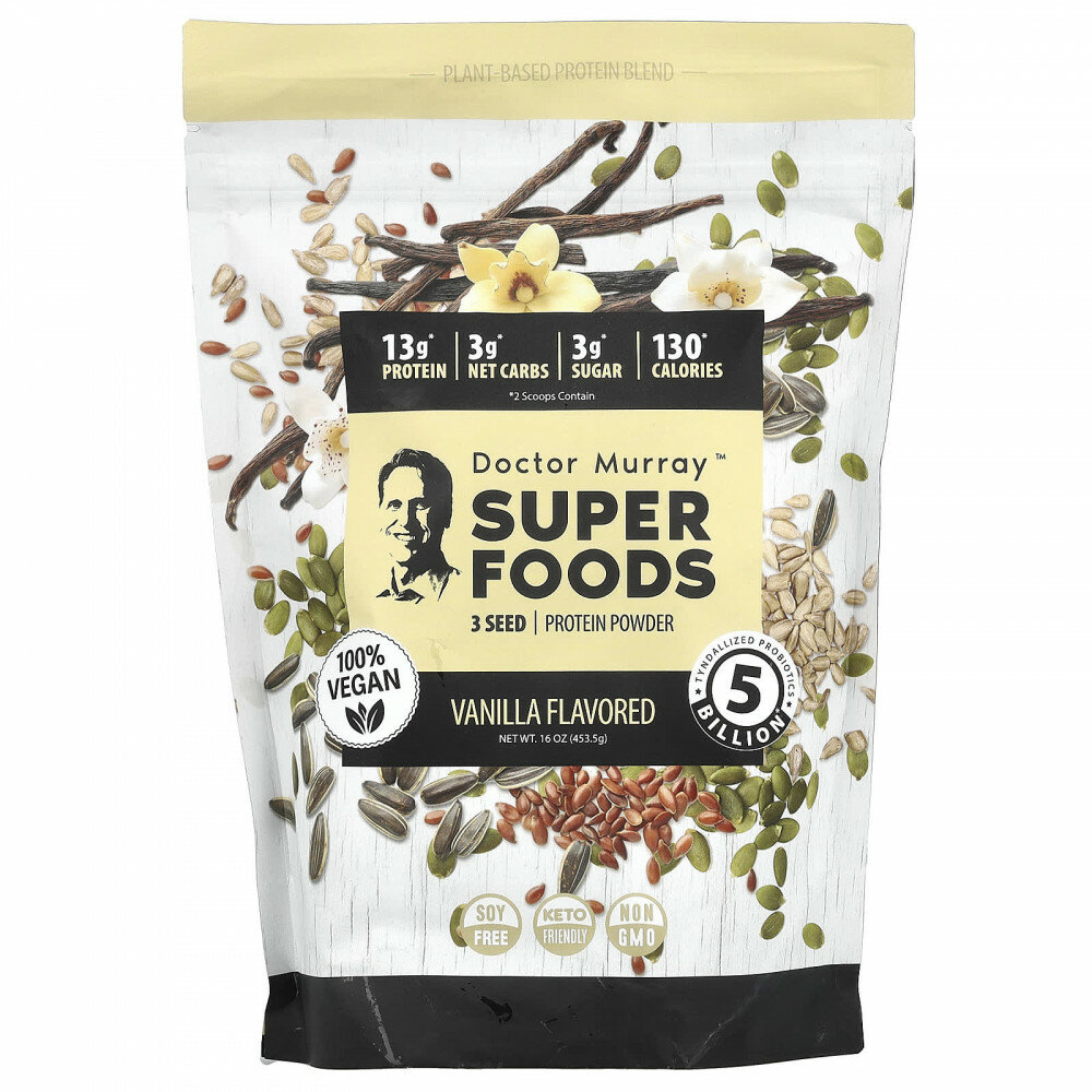 Dr. Murray's, Super Foods, порошок из 3 протеинов, тыква + лен + подсолнечник, ваниль, 453,5 г (16 унций)