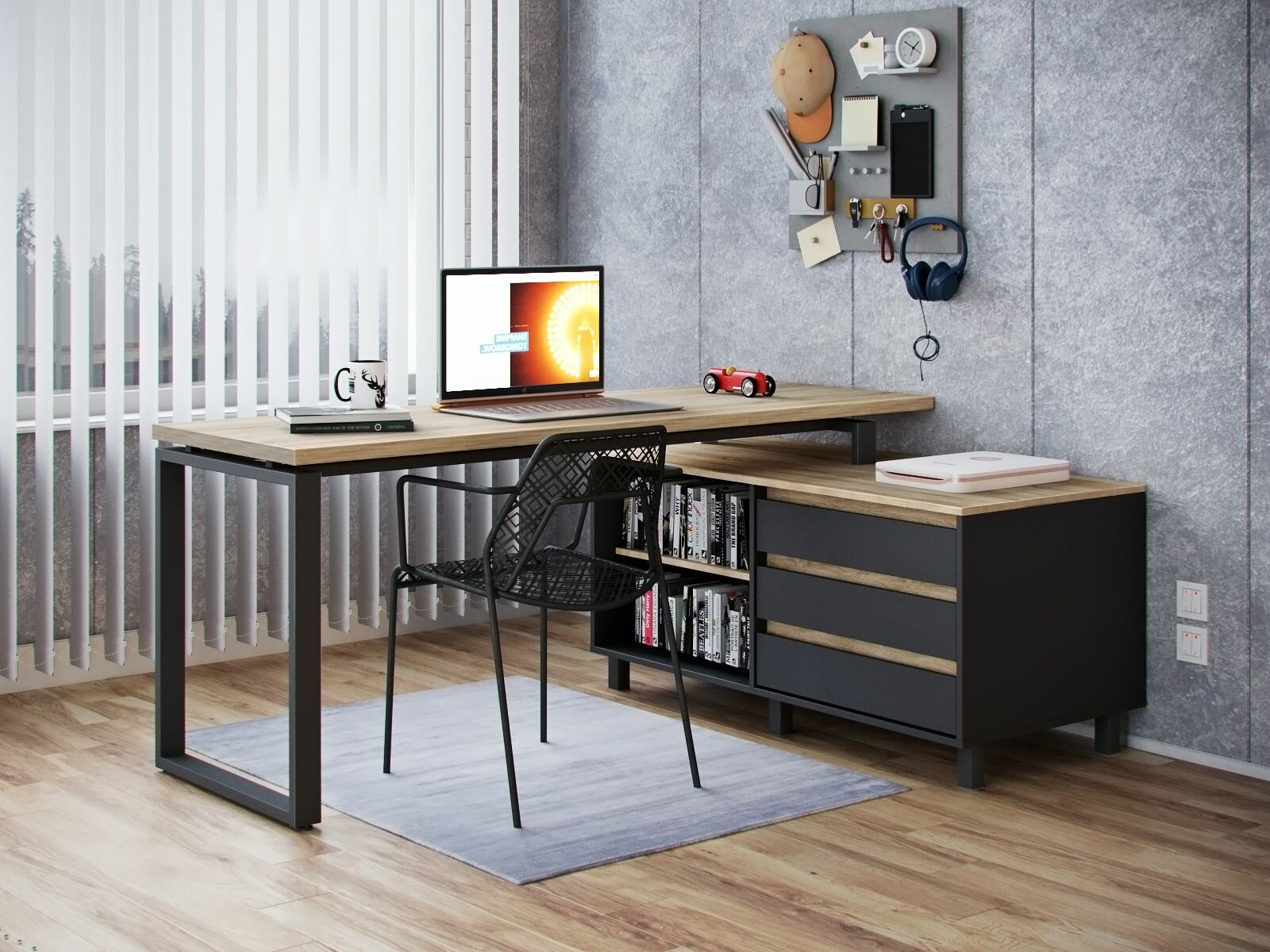 Компьютерный стол на металлическом подстолье Гордон Блэк стайл У5 Фабрика Стиль, 140х120х75 см, Дуб Сонома
