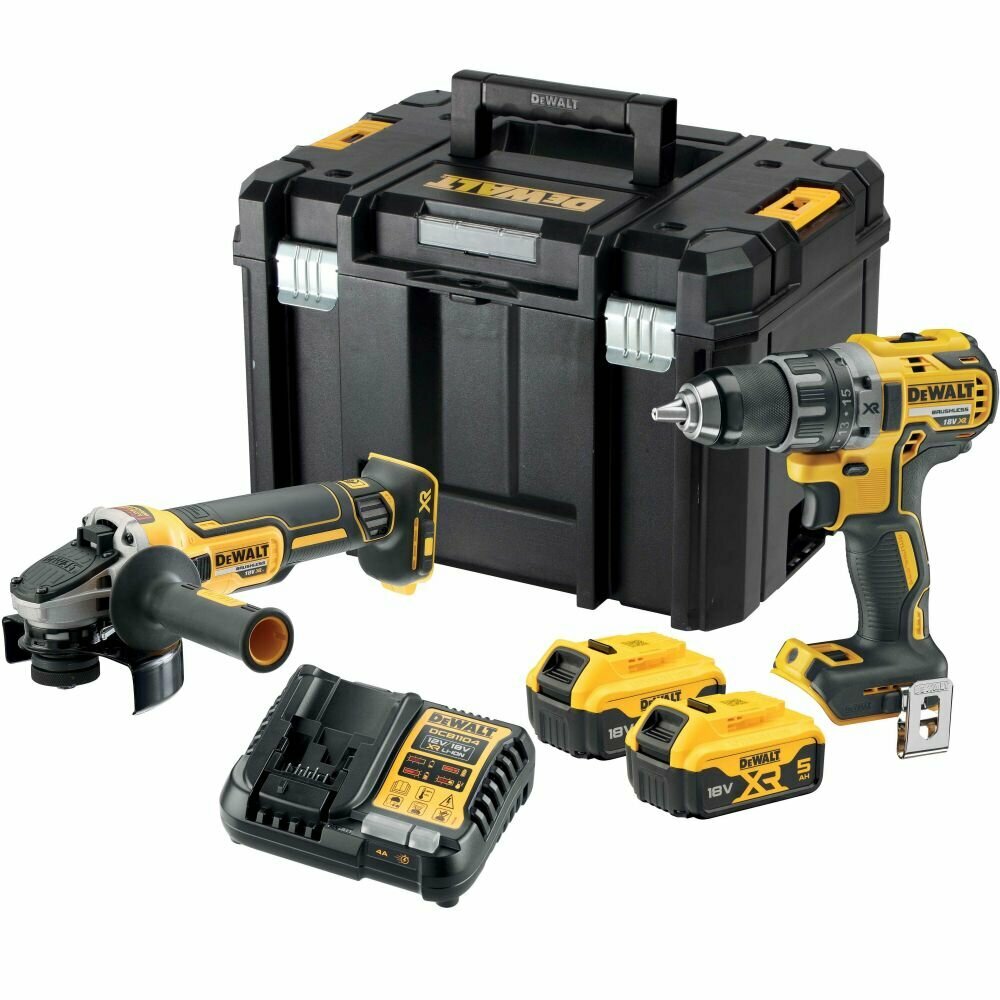 Аккумуляторный набор DEWALT DCK2020P2T 18В : ударная дрель-шуруповерт DCD791 + угловая шлифмашина DCG405, с 2 АКБ 5 Ач и ЗУ, в кейсе TSTAK