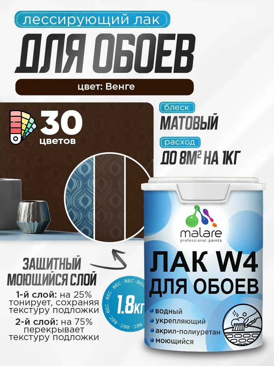 Лак колерованный тонирующий для защиты обоев Malare W4 универсальный для дерева и минеральных поверхностей, водный без запаха быстросохнущий, матовый, венге, 1.8 кг.
