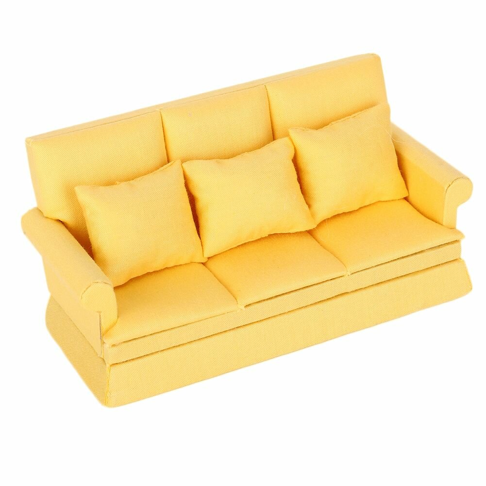 Аксессуары для кукольного дома диван с тремя подушками желтый