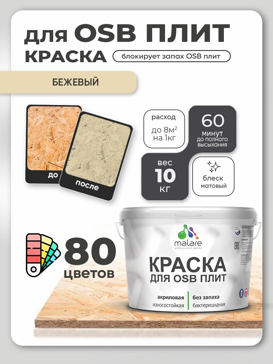 Акриловая краска для ОСБ плит Malare для дерева для наружных и внутренних работ, быстросохнущая без запаха матовая, бежевый, 10 кг