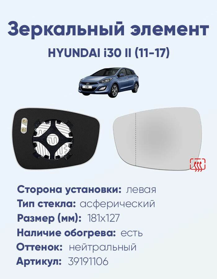 Зеркальный элемент левый HYUNDAI i30 II (11-17) асферика нейтральный с обогревом