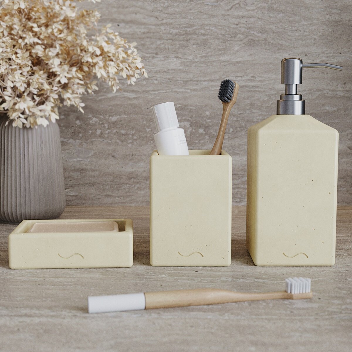 Набор для ванной Emily 10 (дозатор с металлической помпой, стакан для зубных щеток и мыльница)бетон, кремовый глянцевый