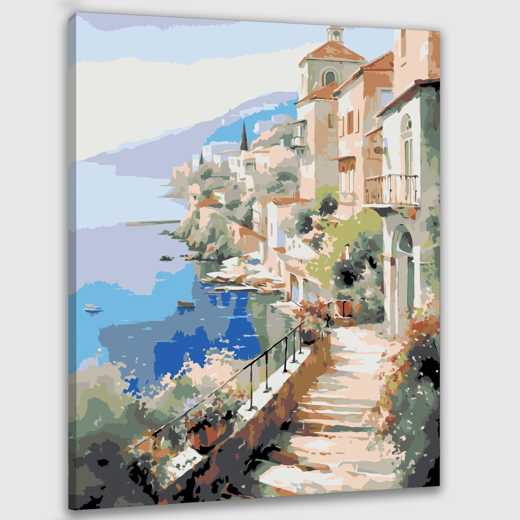 Картина по номерам 40x50 см, море, суша, деревня, холмы, океан, акварель, цвета, гармония, прибрежный, умиротворение