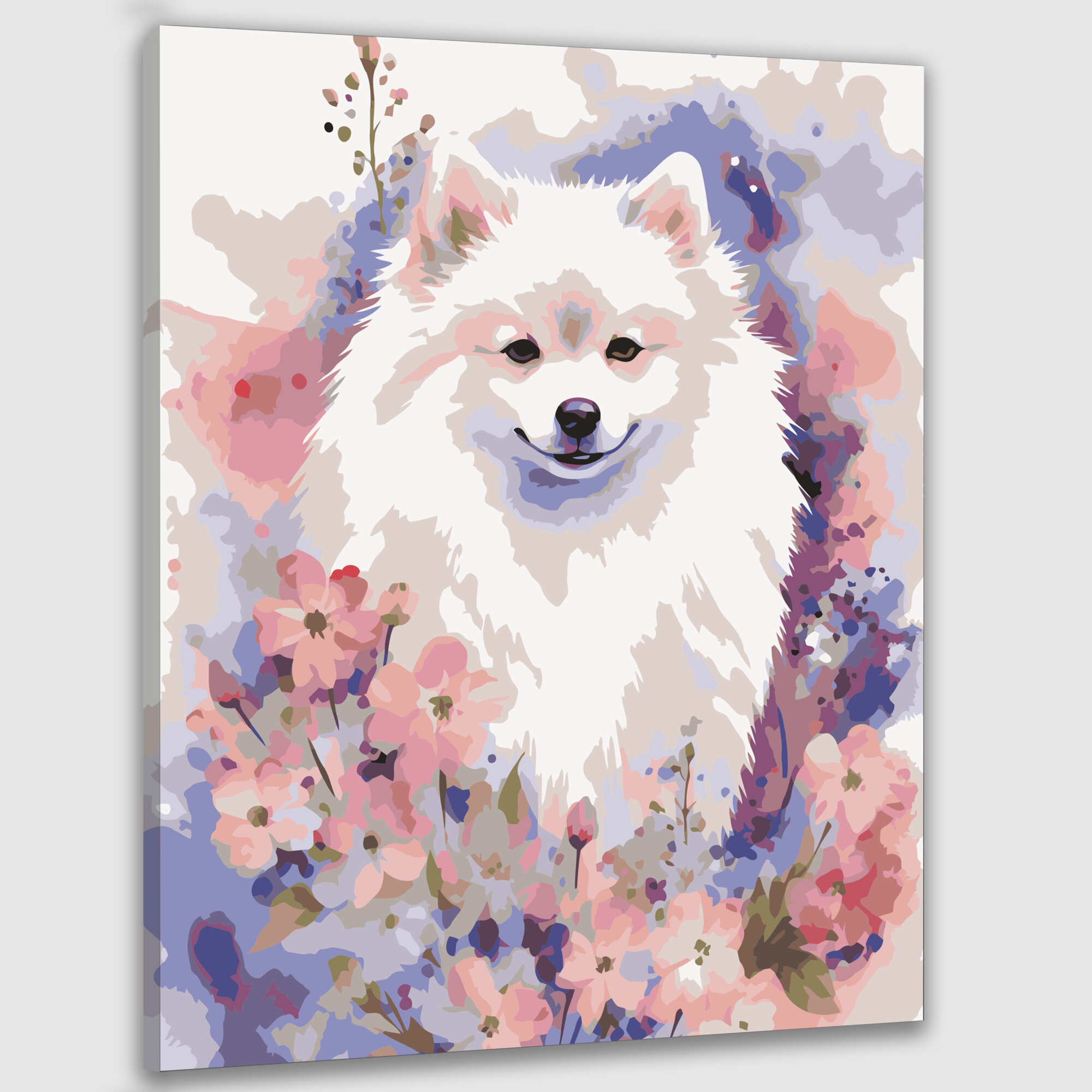 Картина по номерам 40x50 см, акварельная иллюстрация, собака породы шпиц, поле цветущих цветов, пушистая текстура меха