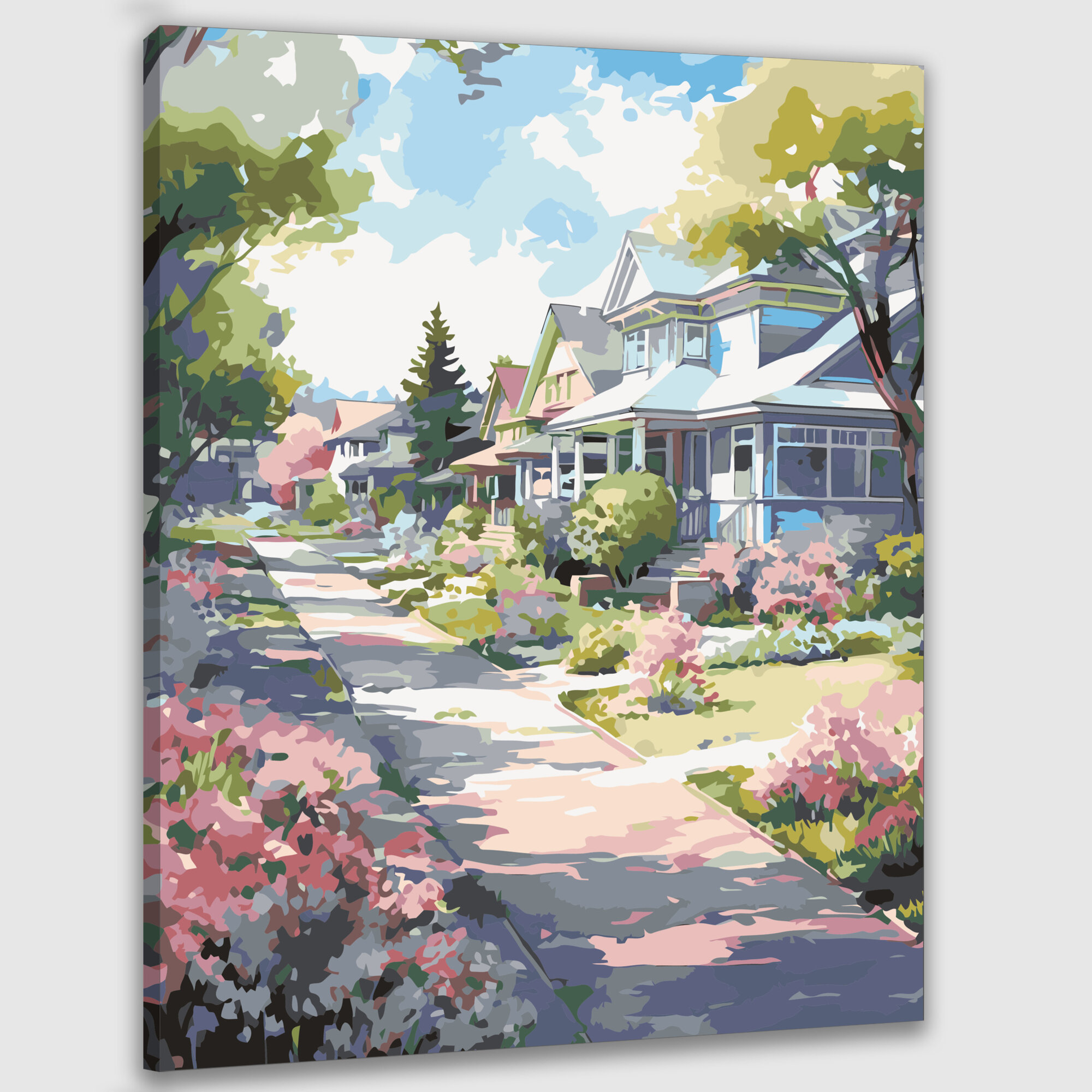 Картина по номерам 40x50 см, дома, пригородный район, лужайки, цветы, дети, улицы, соседи, веранды, общность