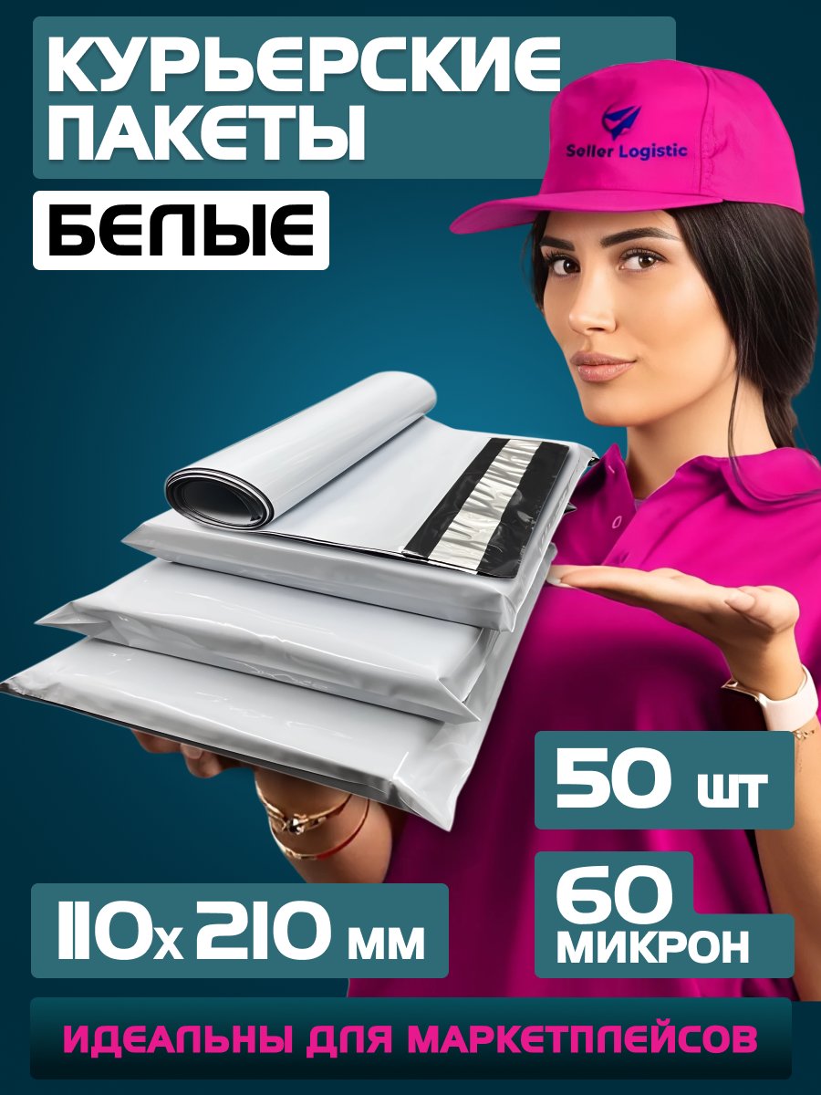 Курьерский почтовый пакет 110х210 +40 мм (60 мкм)/для маркетплейсов и посылок/без кармана-50штук