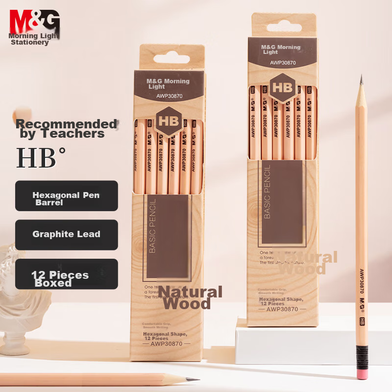 M&G Stationery HB Pencils 12 Pack, Natural Wood Hexagonal Wooden Pencils, Student Writing Art Sketching Drawing Wooden Pencils with Eraser Tip AWP30870