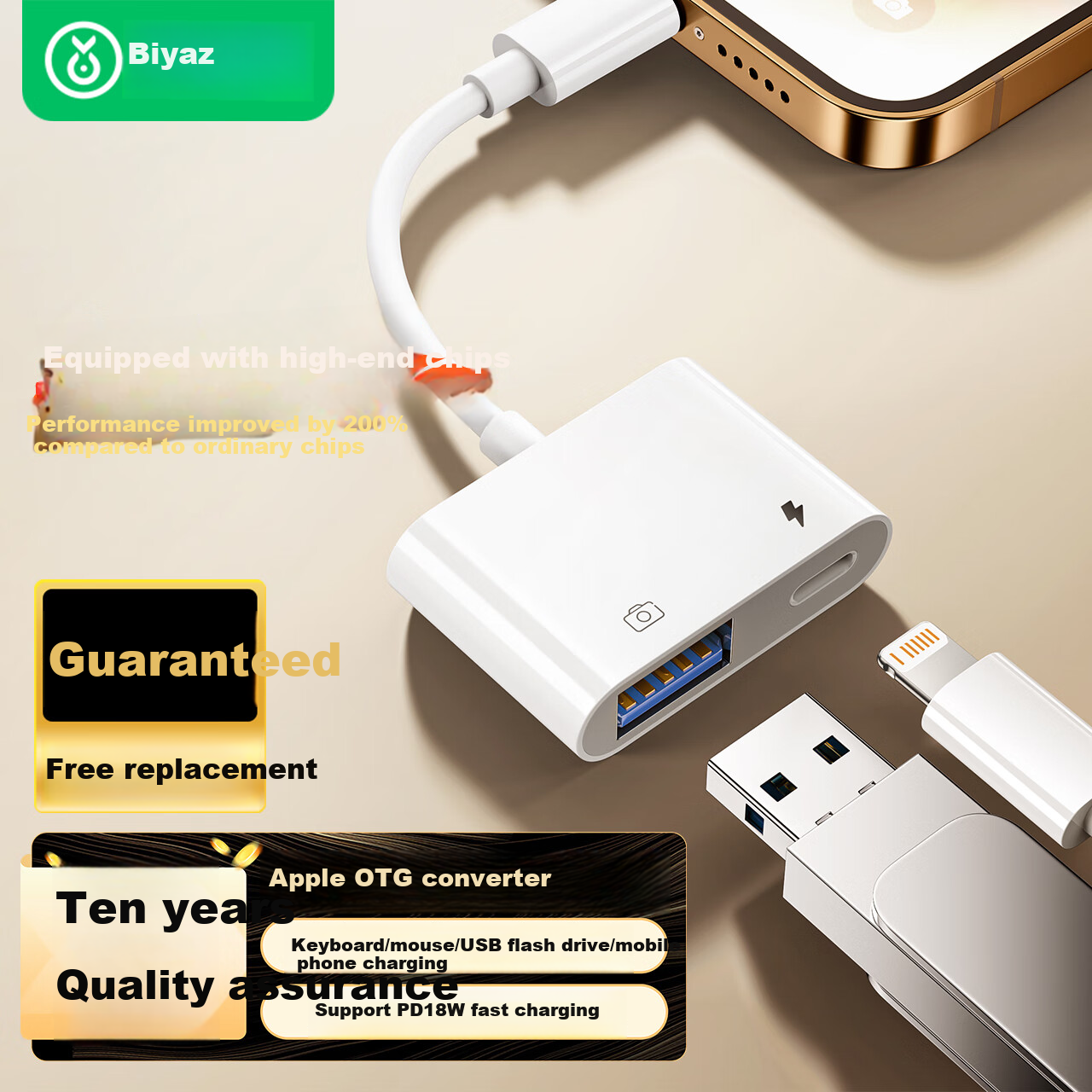BIAZE Apple OTG Adapter Lightning to USB Converter Cable Dual Function Charging External U Disk/Mouse/Keyboard/Camera