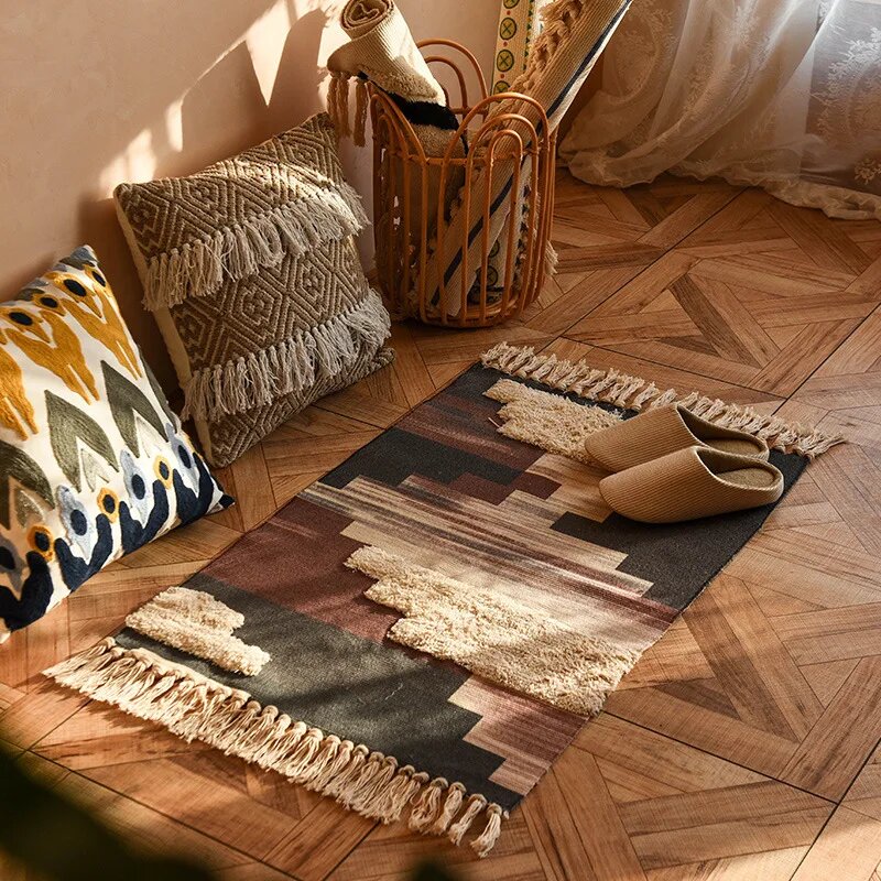 Хлопковый льняной ковер ручной работы Boho 60x90 см 022