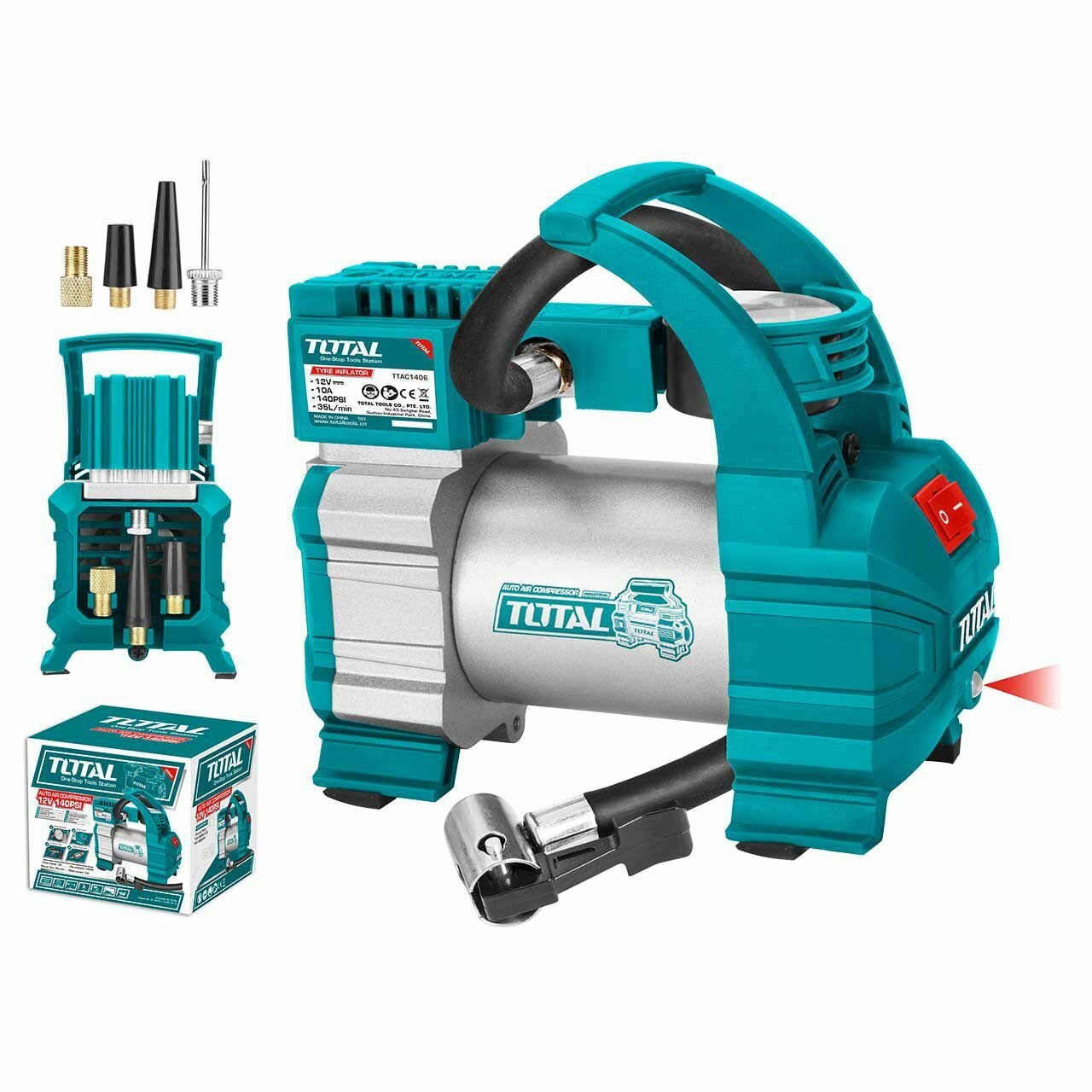 Автомобильный компрессор TOTAL TTAC1406, 12V, аналоговый манометр, встроенный фонарь