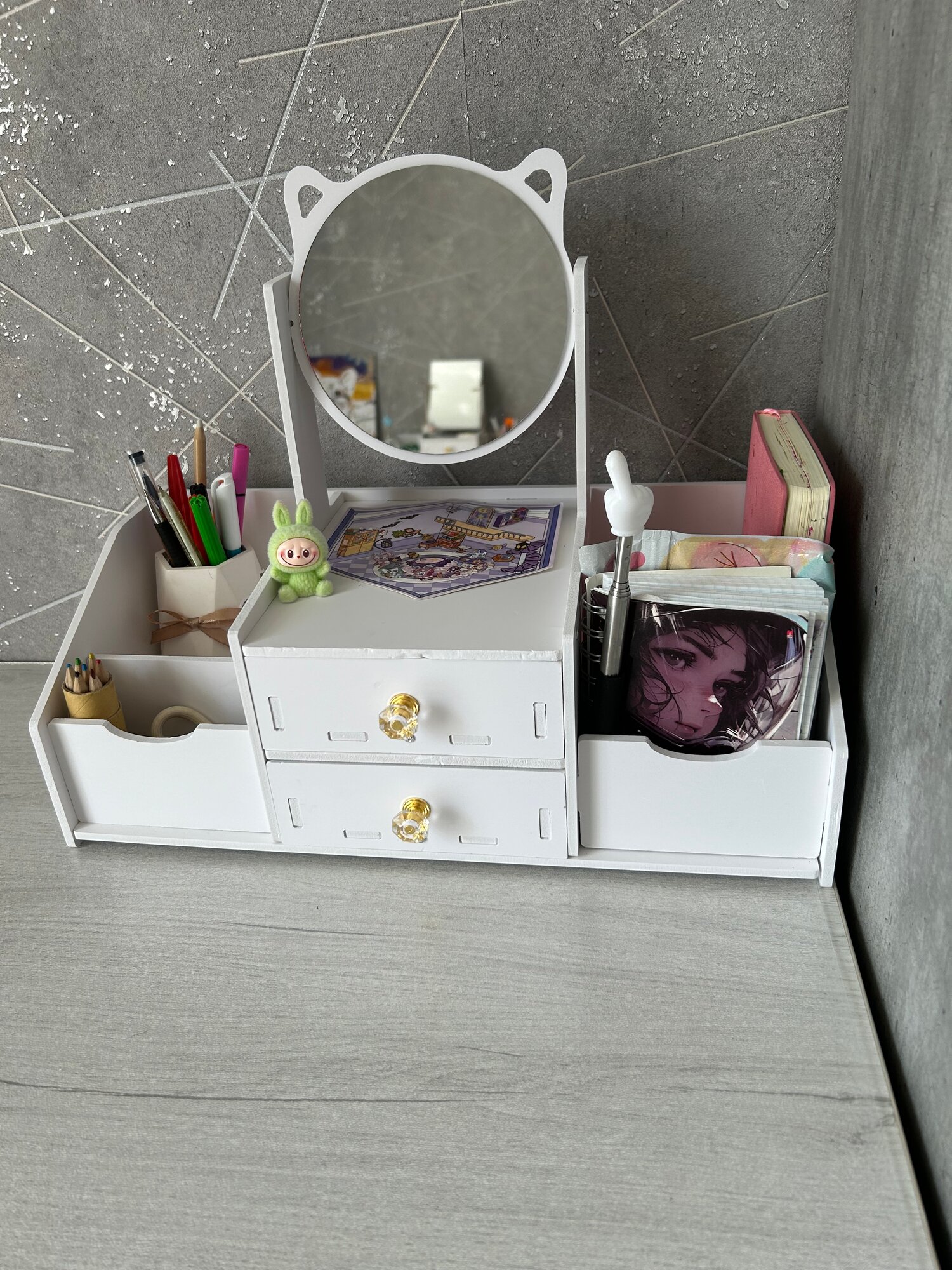 Органайзер для косметики с зеркалом большой, с выдвижными ящиками белый