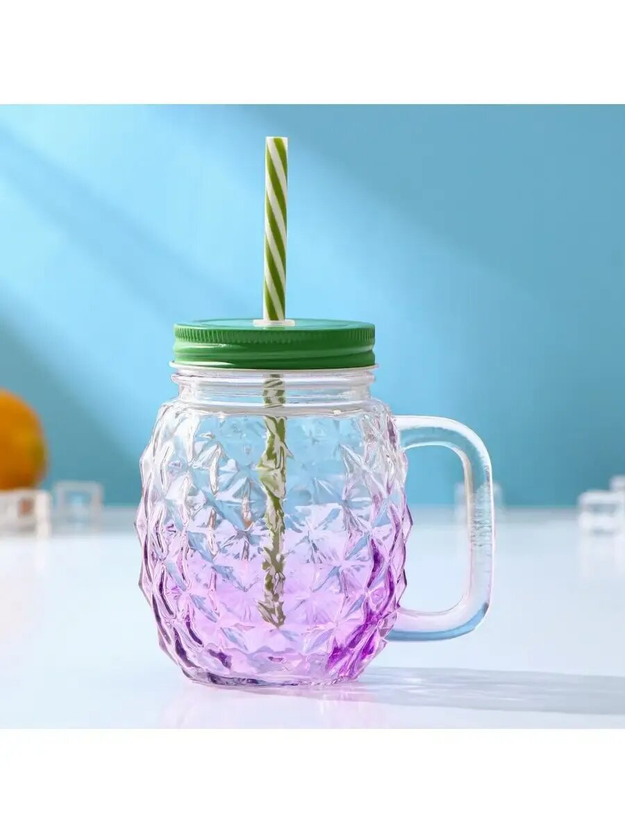 Банка с ручкой, крышкой и трубочкой Доляна "Ананас", 500 мл