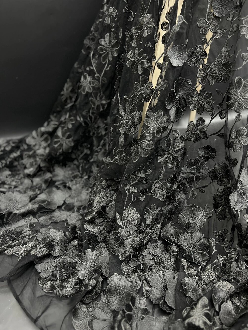 Односторонняя вышитая сетчатая ткань для пошива платьев black