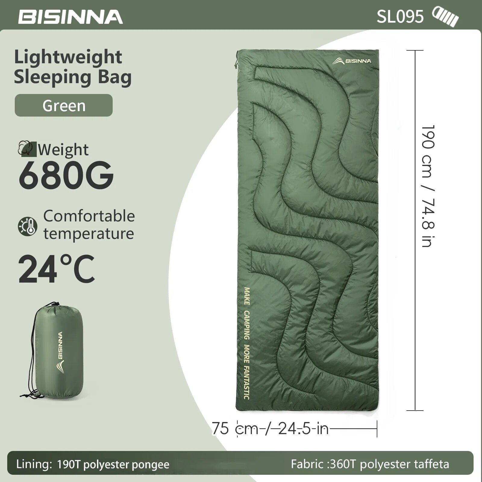 BISINNA Зелёный спальный мешок из хлопка для взрослых