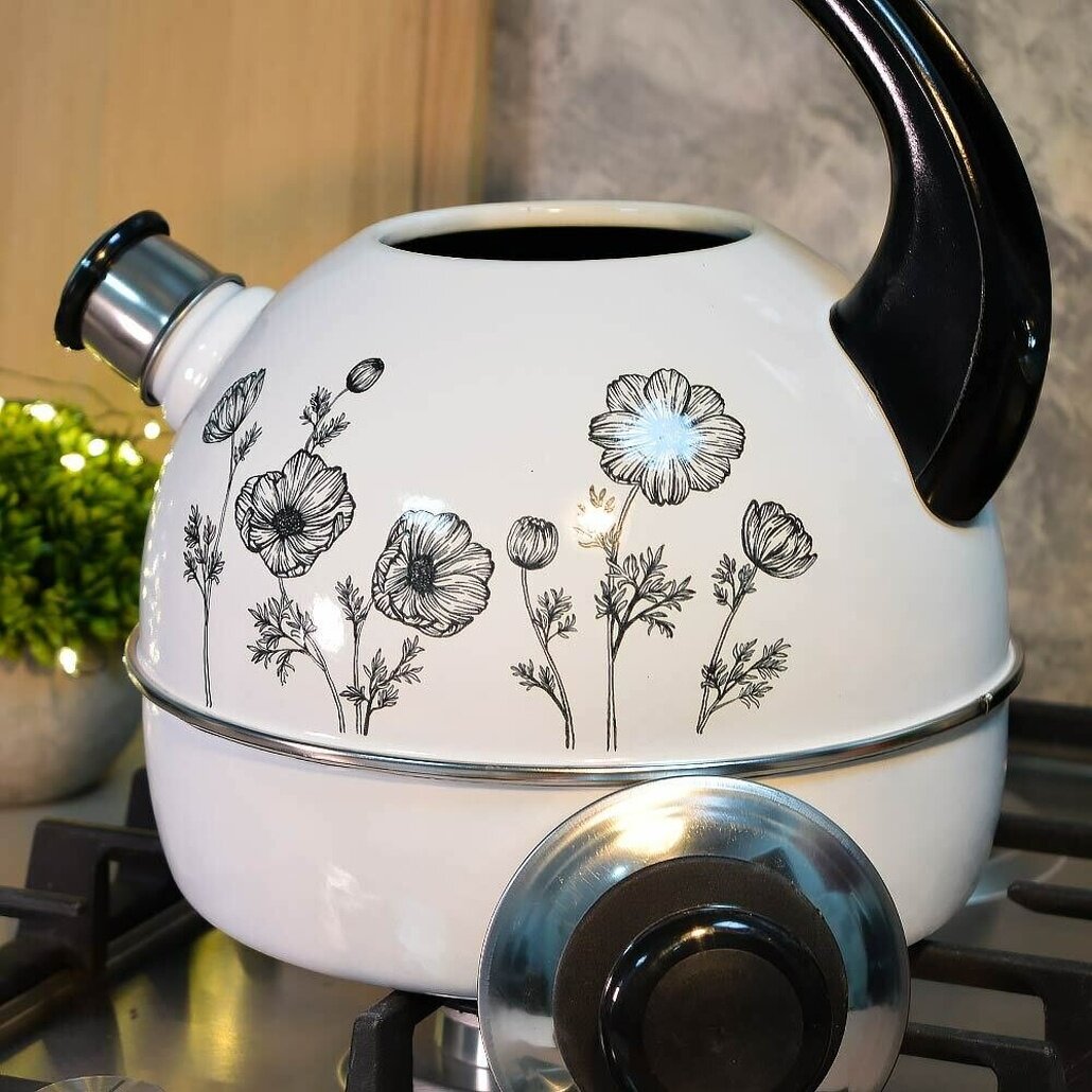 Чайник 4л со свистком, консольная ручка, белый, рисунок цветов, для кухни