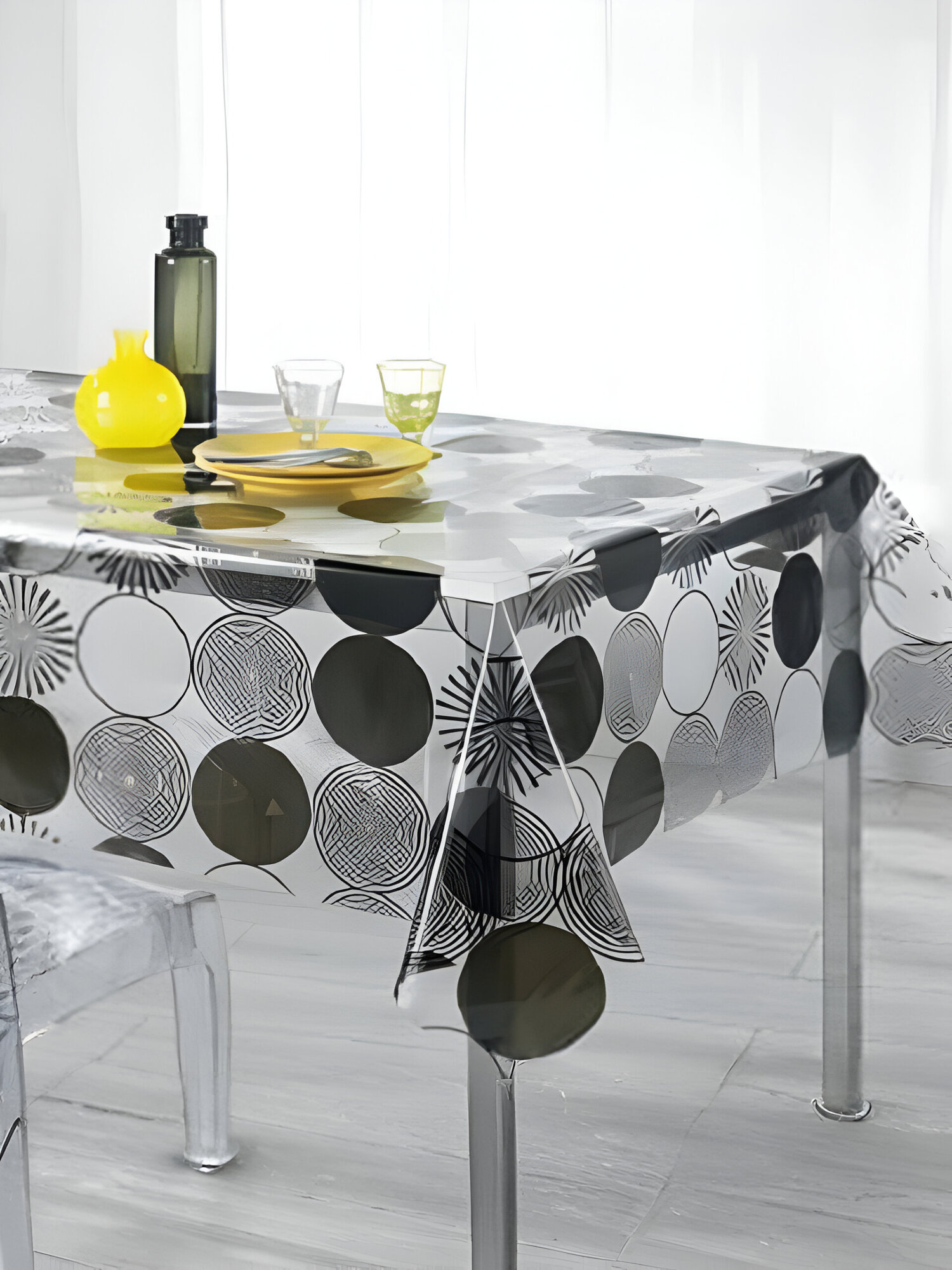 Клеенка Silvano RFT-676A ПВХ прозрачная с рисунком Круги, 1.4х20 м, серая, рулон